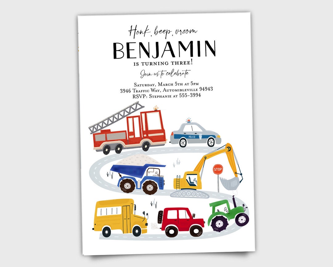 Cars and Trucks Birthday Invitation, Transportation Invitation, Tractor ...
