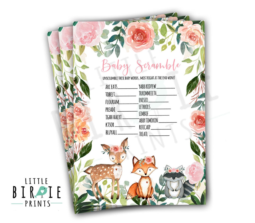Girl Woodland Baby Shower Game. Baby Word Scramble Boho Woodland Baby ...