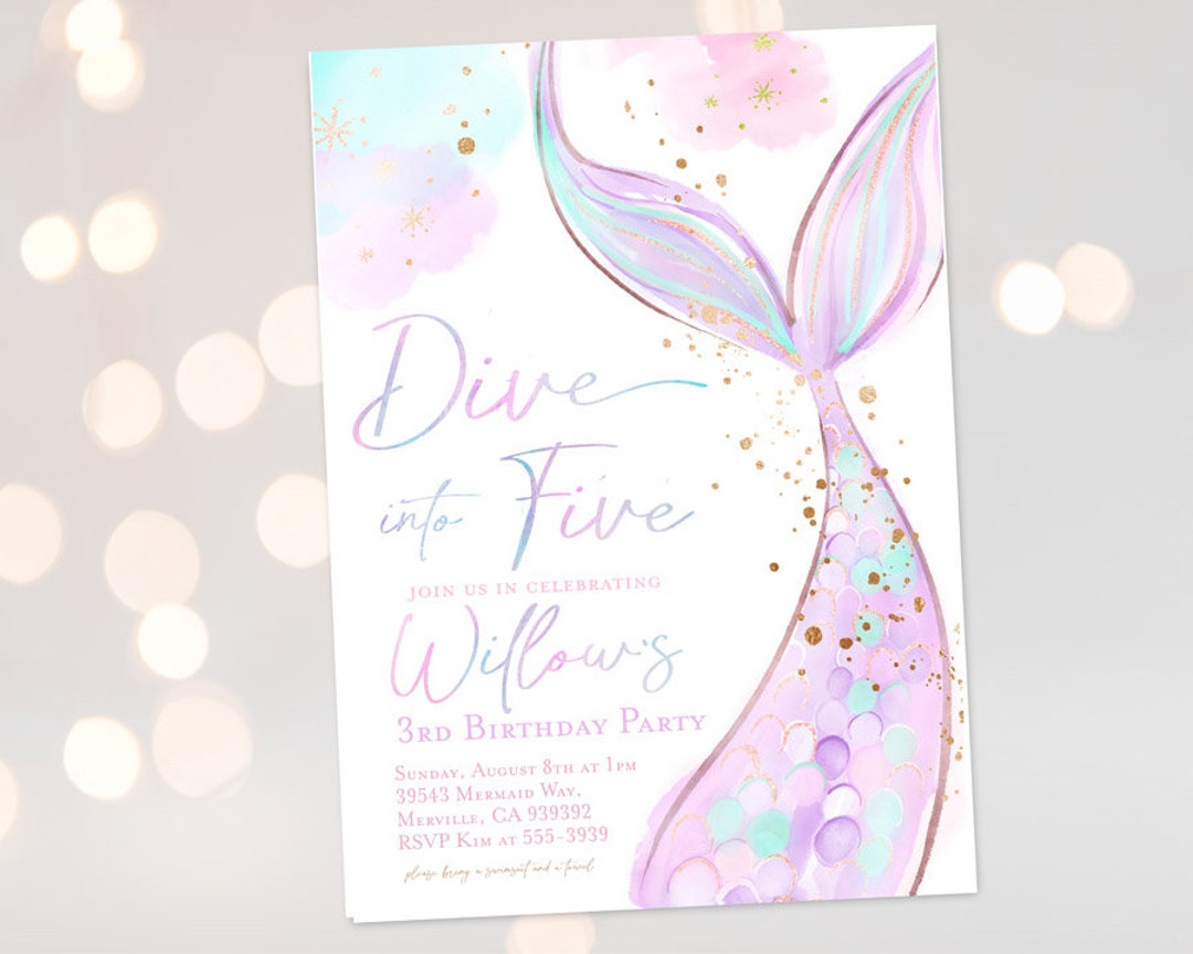 Dive Into Five Invitation, Mermaid First Birthday Party Invitation ...