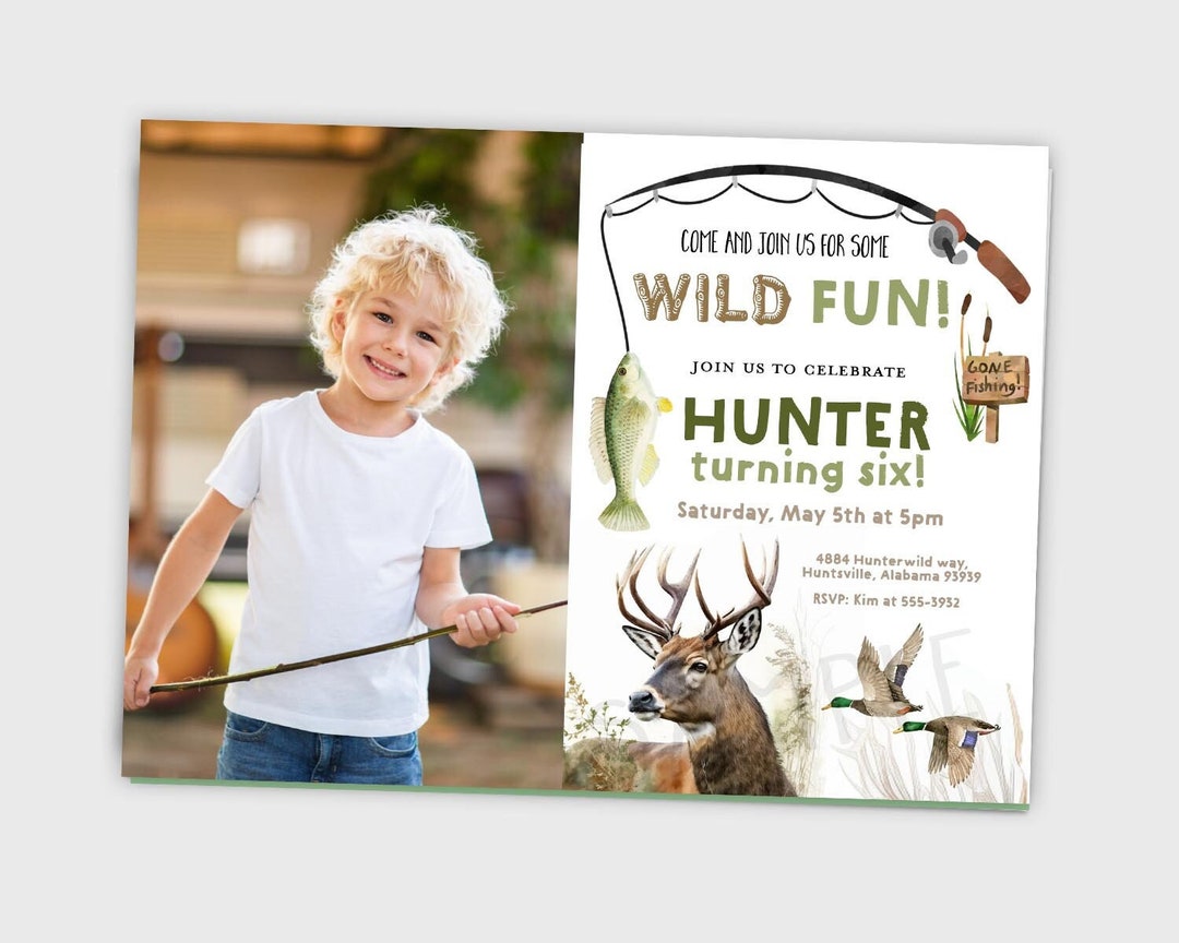 HUNTING FISHING Birthday Invitation Deer Fish Duck Hunting Birthday ...