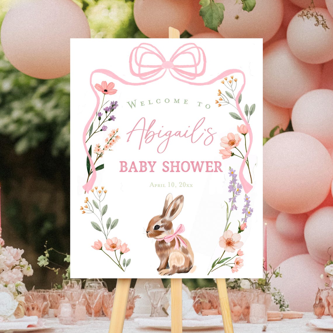 Girl Bunny Baby Shower Welcome Sign, Printable Pink Bunny Baby Shower ...