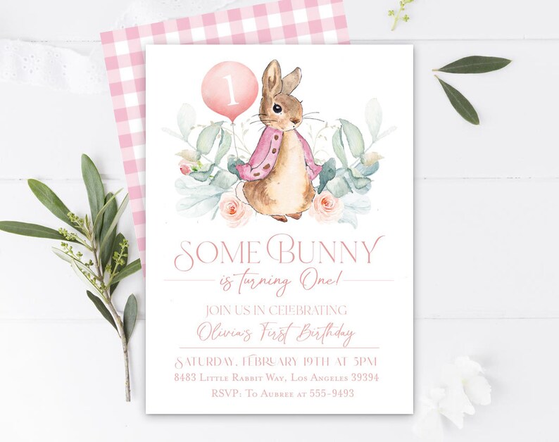 Pink Bunny First Birthday Invitation Girl Peter Rabbit - Etsy