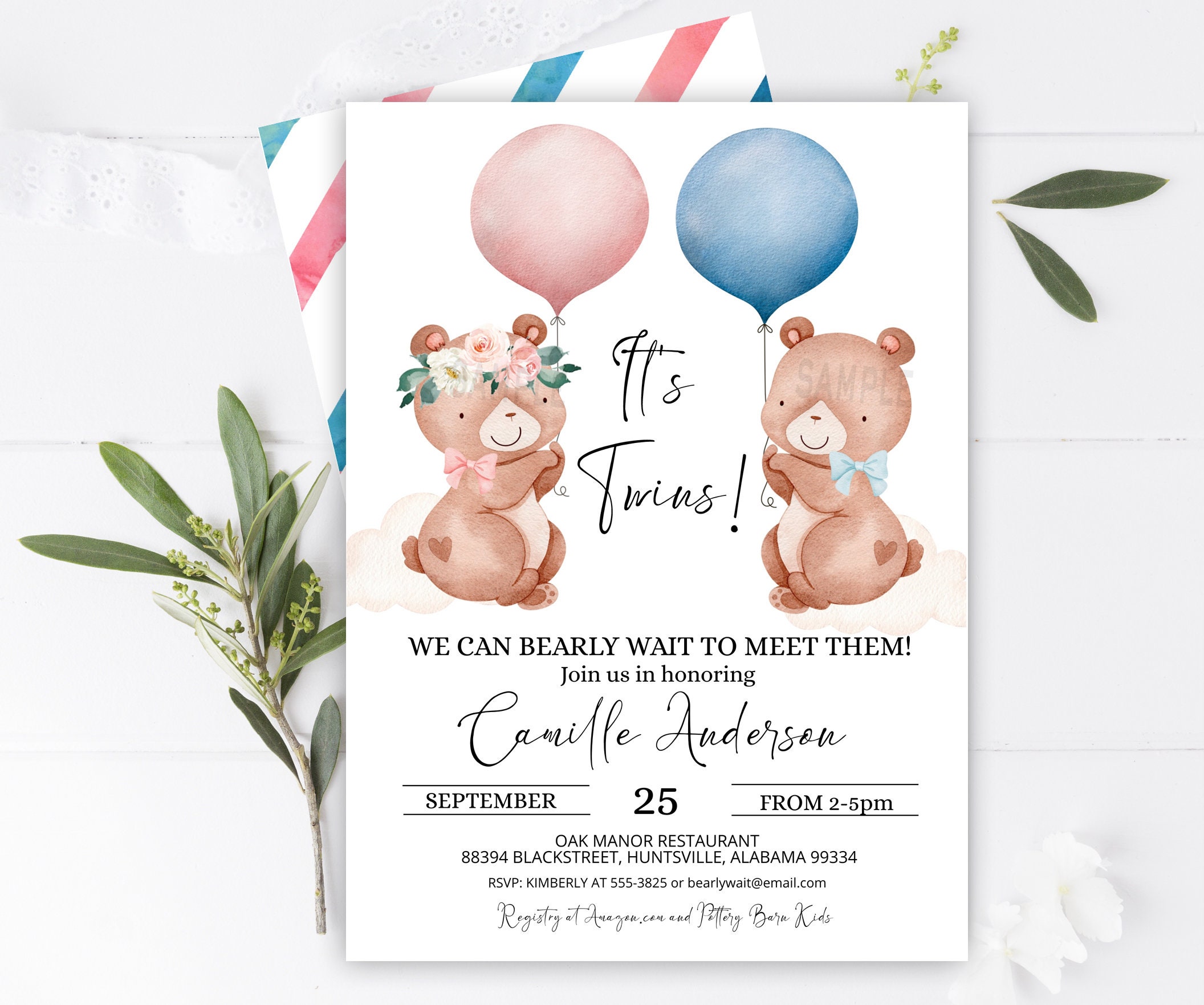 Boy girl TWINS Baby Shower Invitation Bears Pink Blue Balloons | Etsy