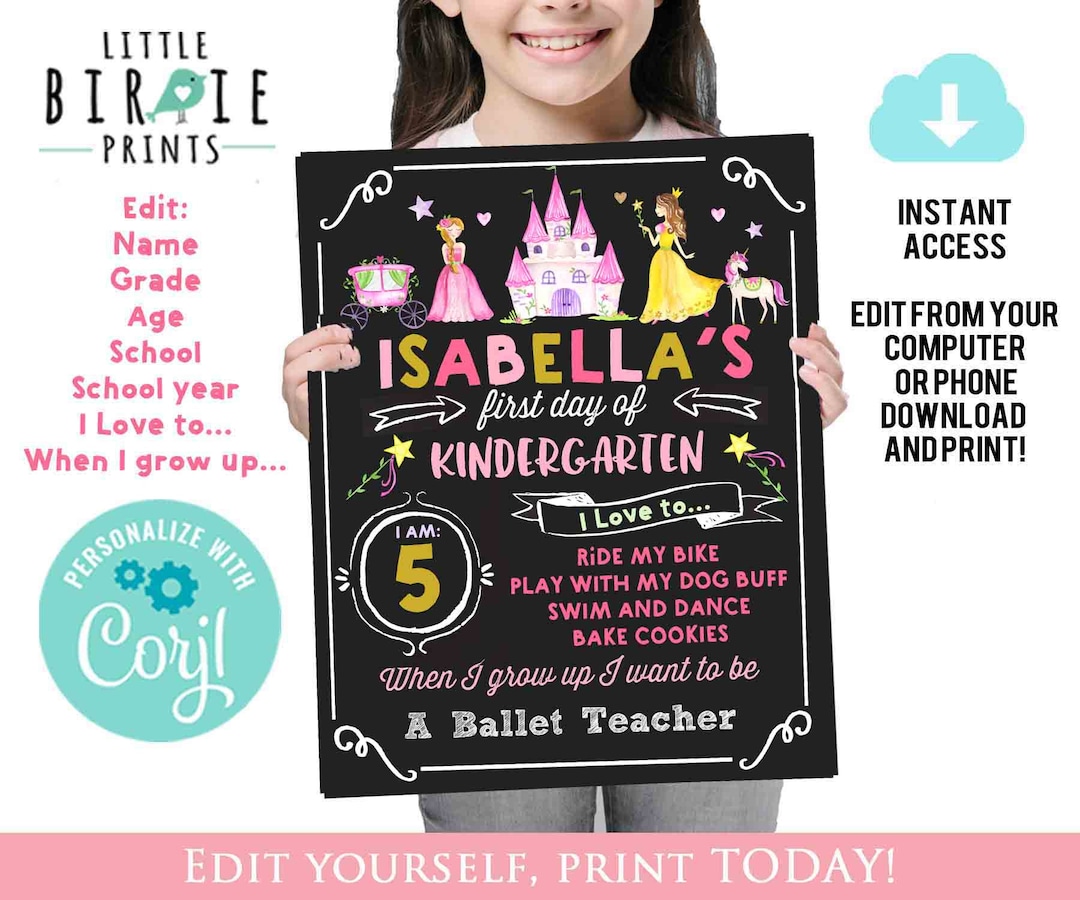 Princess First Day of School Sign First Day of Kindergarten - Etsy