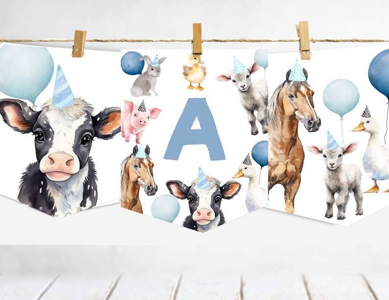 FARM Birthday Party Banner, Farm Bunting Banner, Boy Blue Farm Animals ...