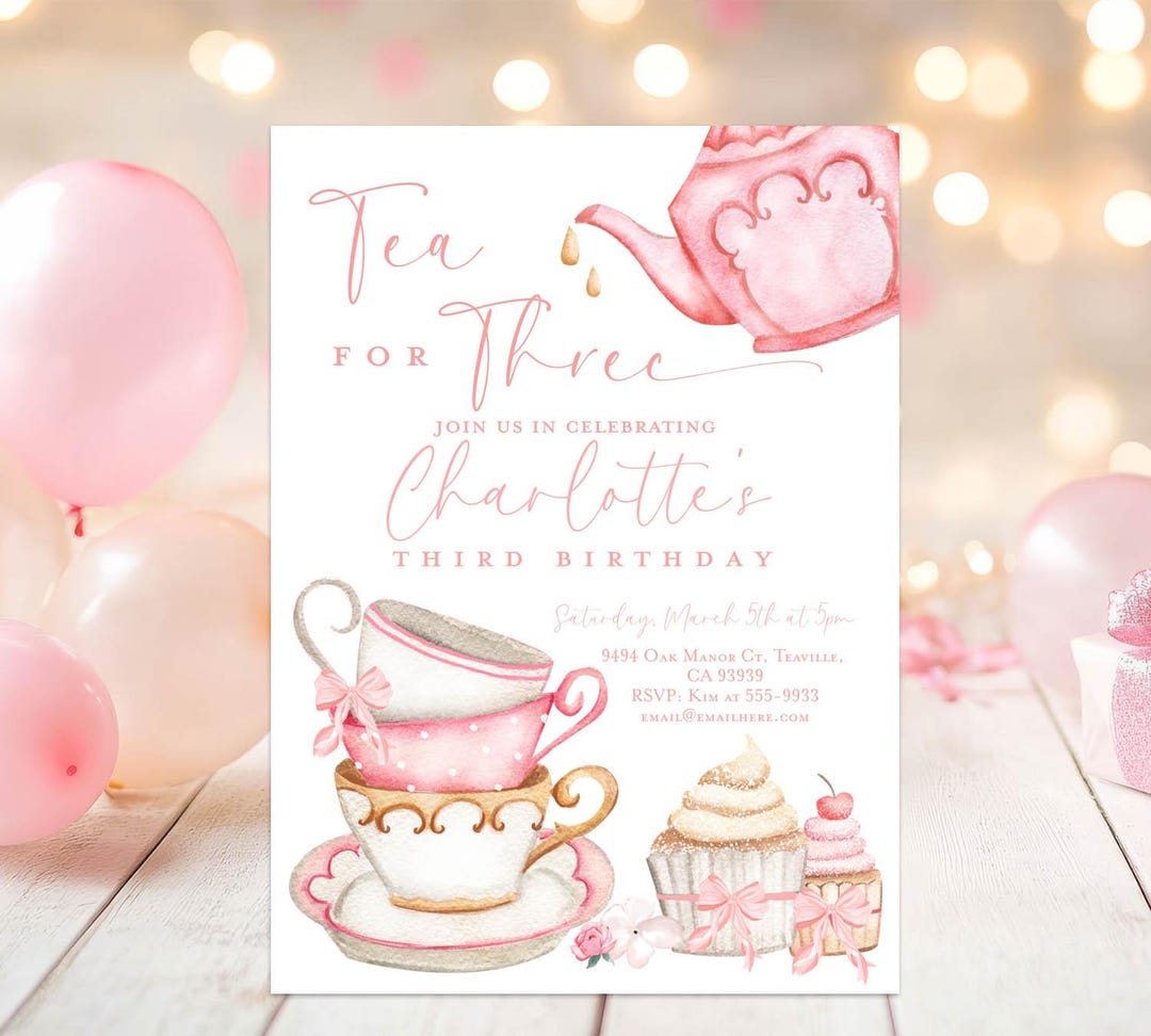 Tea for Three Birthday Party Invitation, Tea Party 3rd Birthday ...