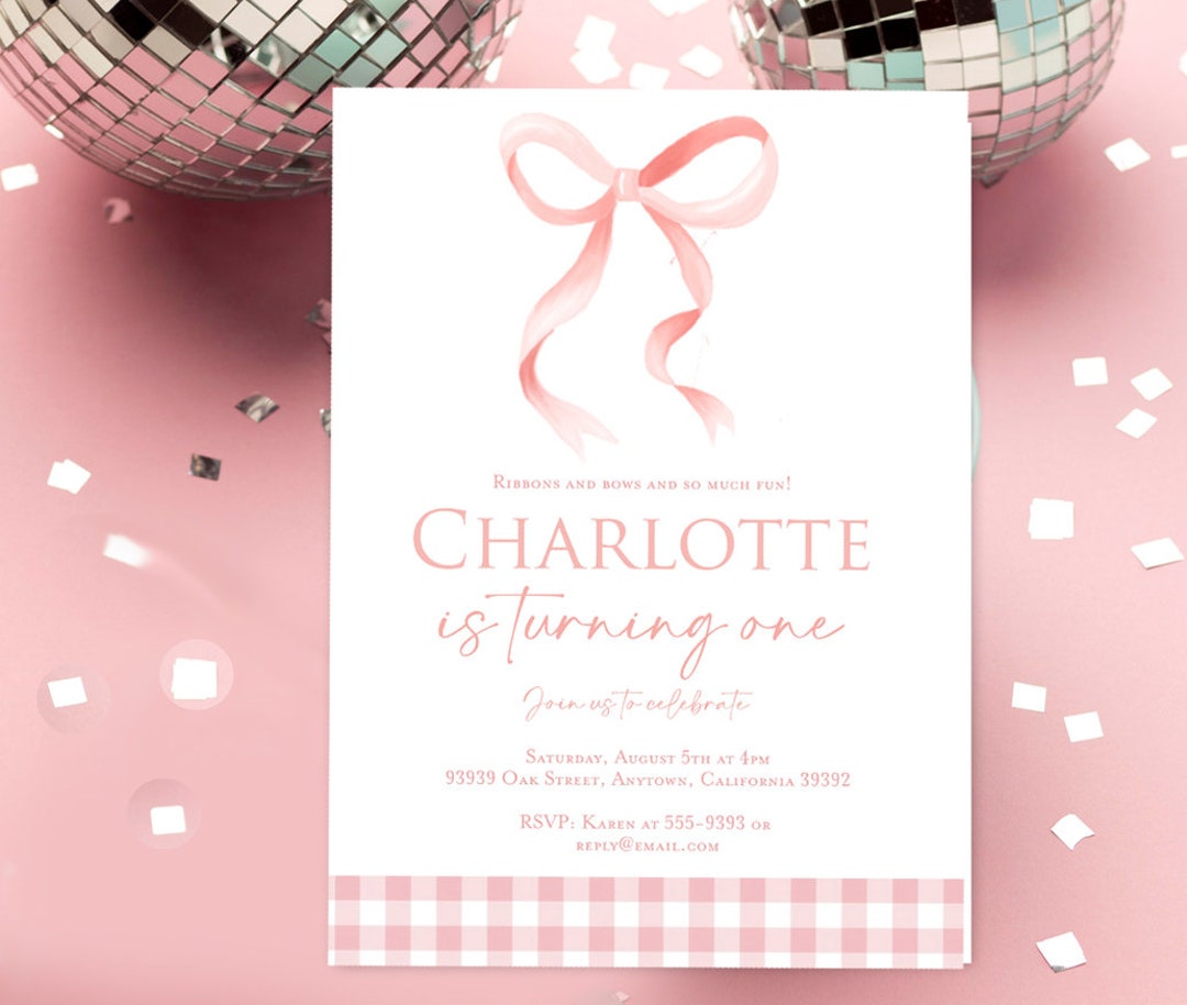 Pink Bow First Birthday Invitation, Coquette Pink Bow Birthday ...
