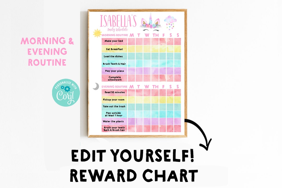 Editable Unicorn Chore Chart Rainbow Reward Chart Instant Download ...