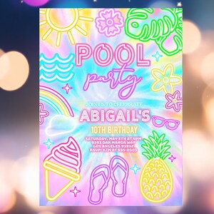 Pool Party Birthday Invitation, Pool Party Invitation, Glow Teen ...