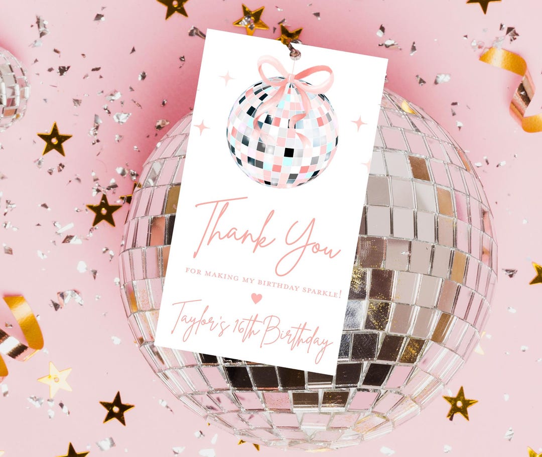 Disco Ball Birthday Favor Tags, Pink Bow Disco Ball Birthday Thank You ...