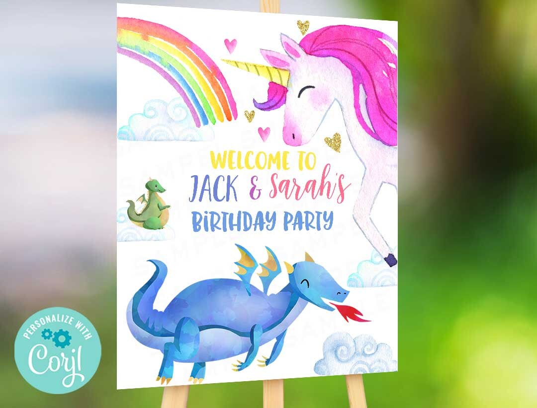 Unicorn and Dragon Birthday Party Welcome Sign Unicorns and Dragons ...