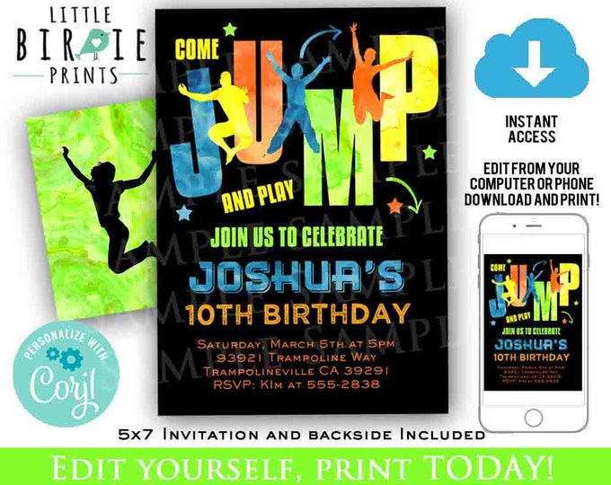 TRAMPOLINE BIRTHDAY INVITATION Trampoline Party Jump Party - Etsy