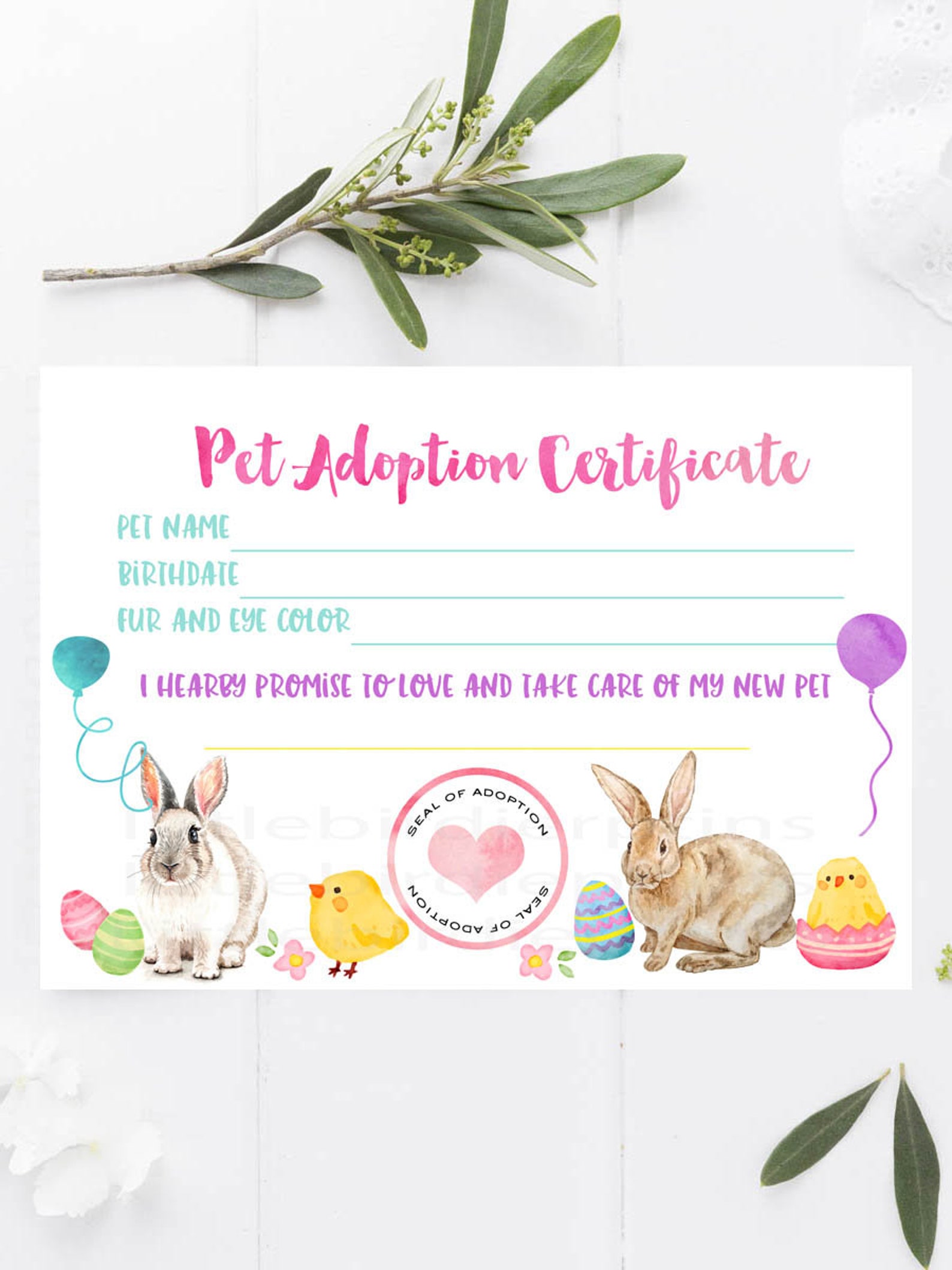 Easter Adoption Certificate Bunny Chick Adoption Certificate - Etsy
