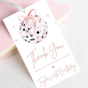 Disco Ball Birthday Favor Tags, Pink Bow Disco Ball Birthday Thank You ...