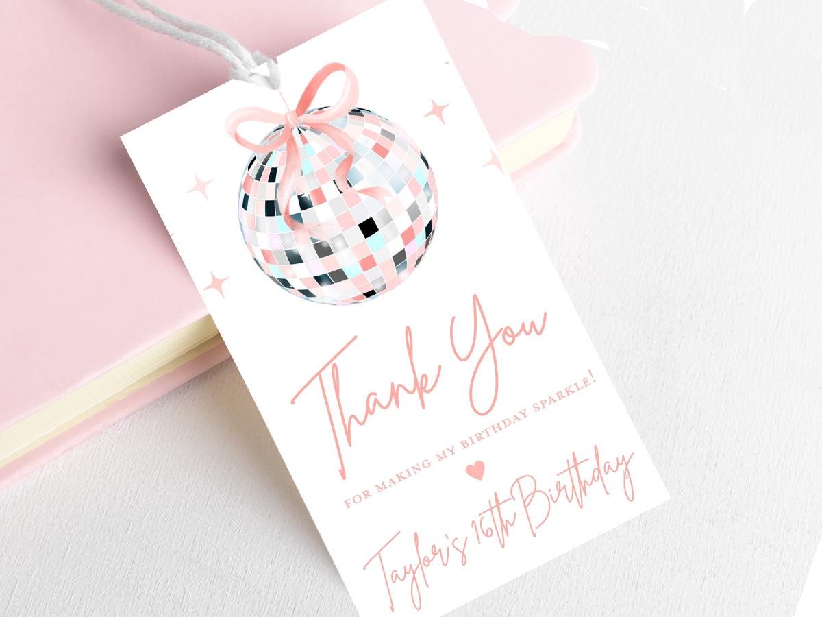 Disco Ball Birthday Favor Tags, Pink Bow Disco Ball Birthday Thank You ...