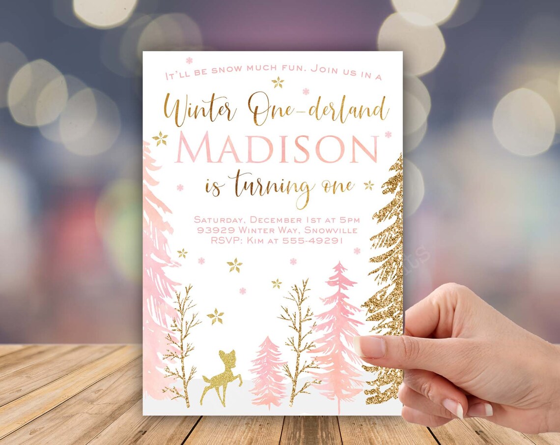 Winter Onederland Invitation White Gold Pink Watercolor Trees | Etsy