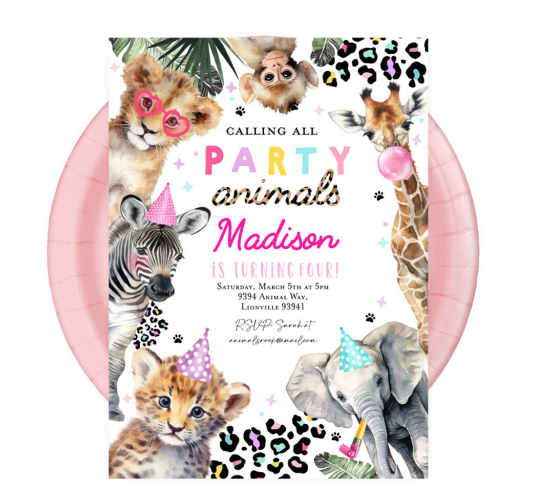 Editable Party Animals Birthday Invitation Jungle Safari Wild Animals ...