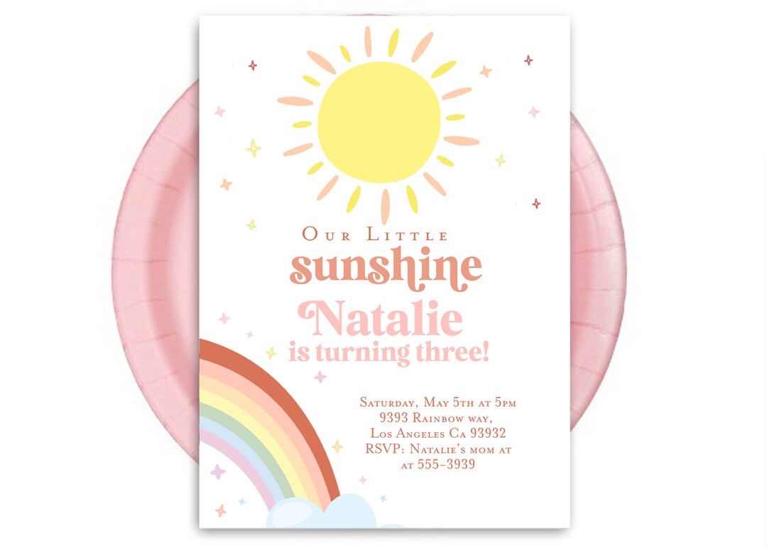 Sunshine Birthday Invitation Printable, Sunshine and Rainbows Birthday ...
