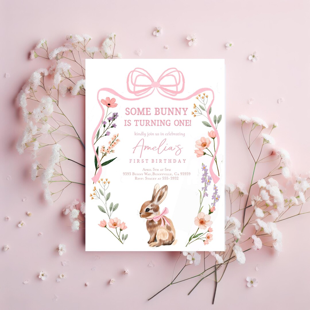 Bunny First Birthday Invitation Bunny and Wildflowers Birthday Party ...