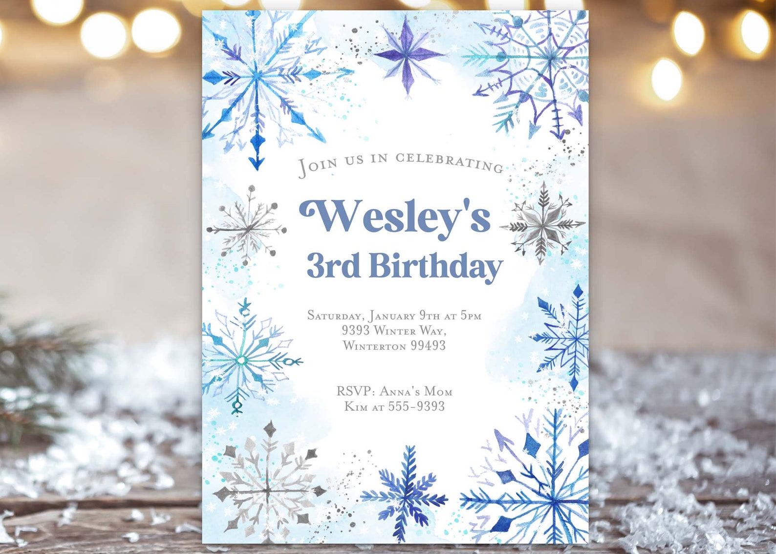 Winter Birthday Invitation Blue Silver Snowflakes Invitation, Boy ...