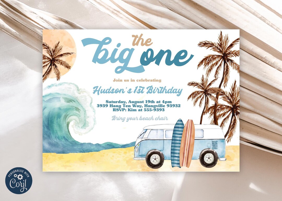 THE BIG ONE Invitation, Surf First Birthday Invitation, Waves ...