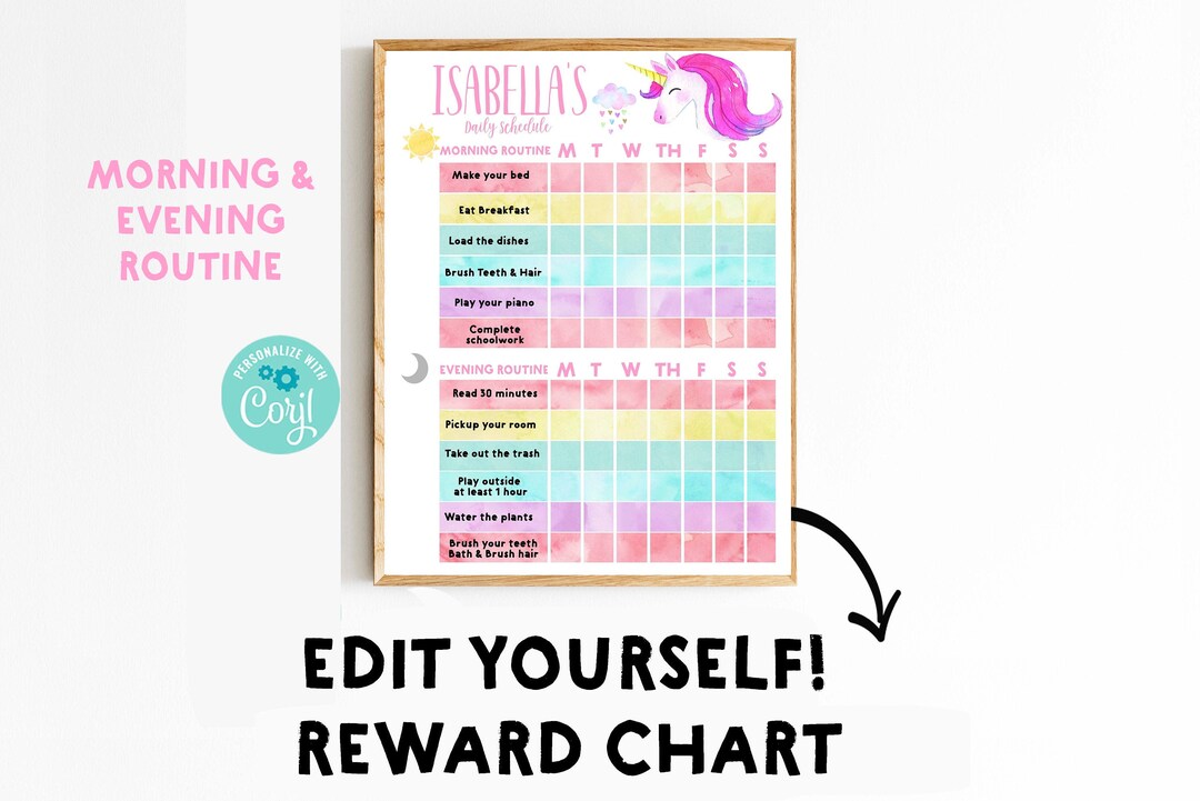 Unicorn Chore Chart Editable Rainbow Reward Chart Instant Download ...