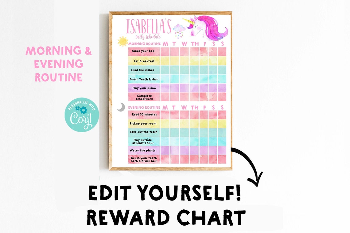 Unicorn Chore Chart Editable Rainbow Reward Chart Instant | Etsy