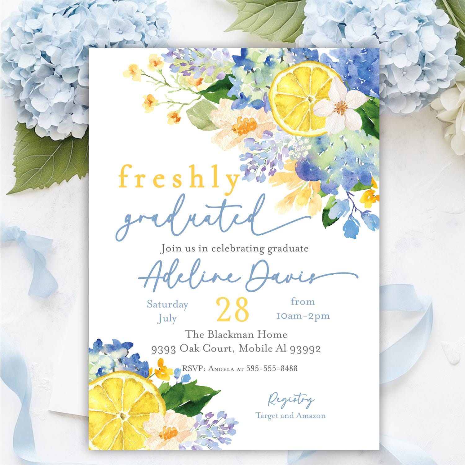 Freshly Graduated Lemon Graduation Party Invitation Blue Hydrangeas ...