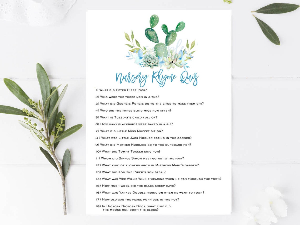 Cactus Baby Shower Game Nursery Rhyme Quiz Blue Cactus - Etsy