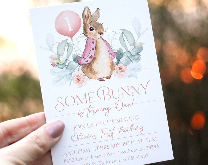 Pink Bunny First Birthday Invitation Girl Peter Rabbit - Etsy
