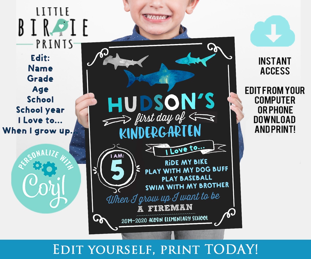 SHARK First Day of School Sign First Day of Kindergarten Sign BOY 1st ...