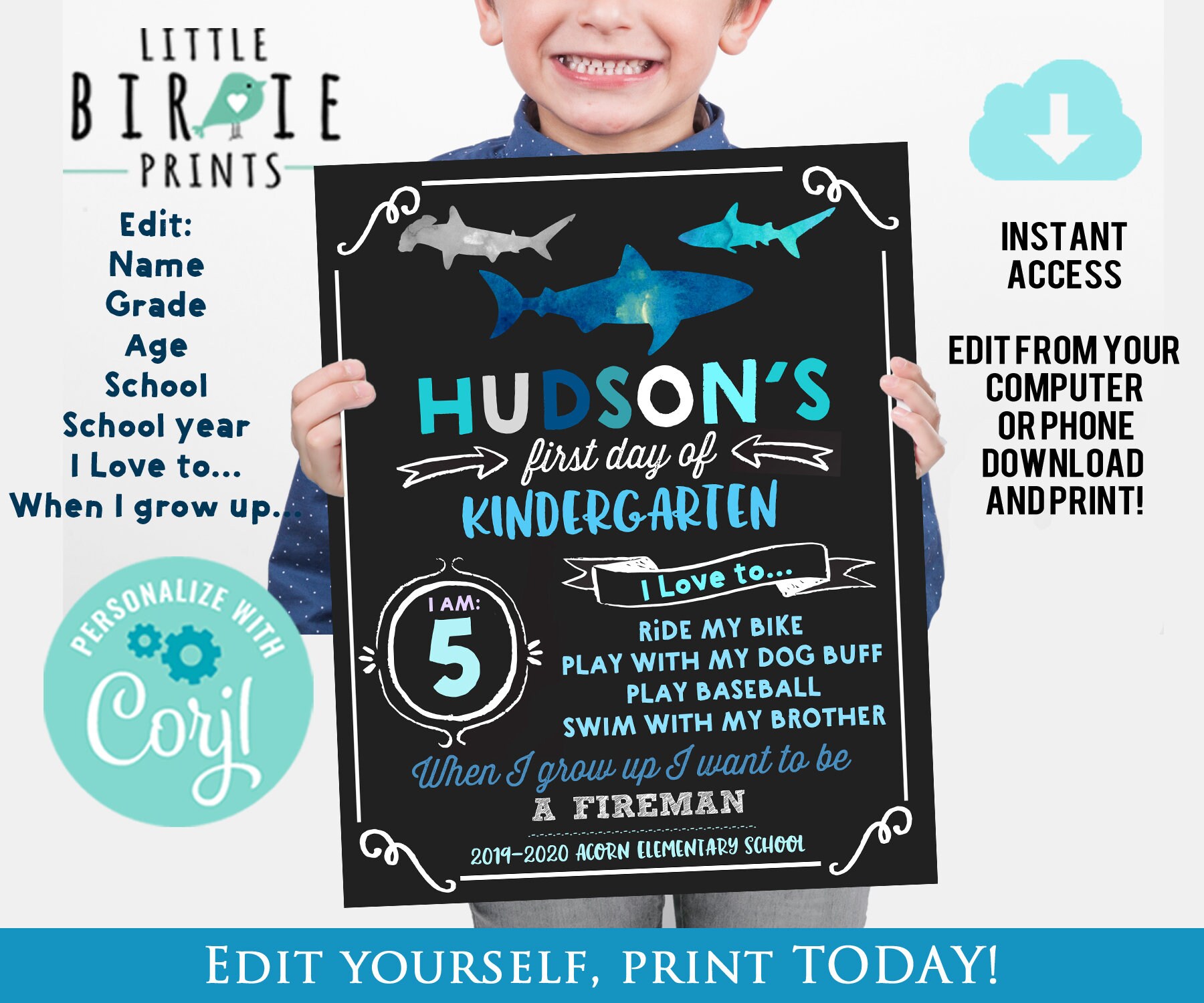SHARK First Day of School Sign First Day of Kindergarten Sign | Etsy