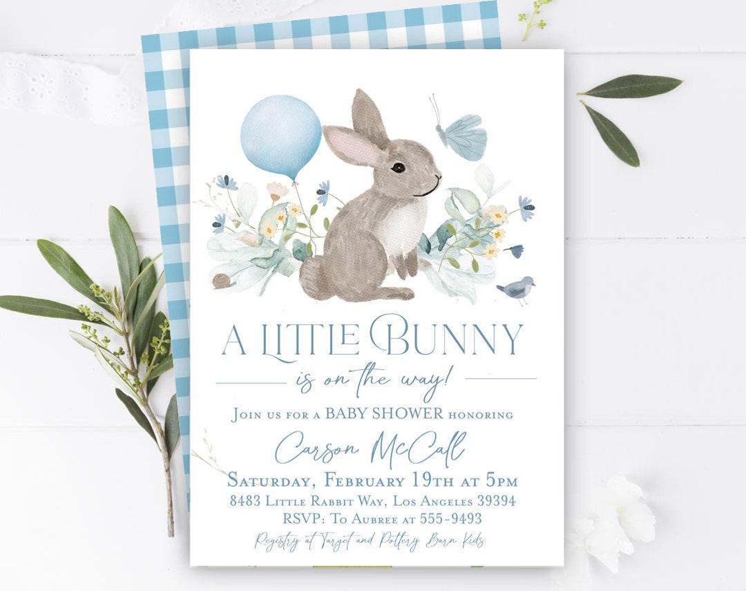 Editable Bunny Baby Shower Invitation Boy Blue Rabbit Baby Shower ...
