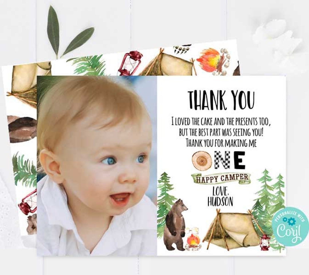 Editable ONE HAPPY CAMPER Thank You Card With Photo Camping First ...