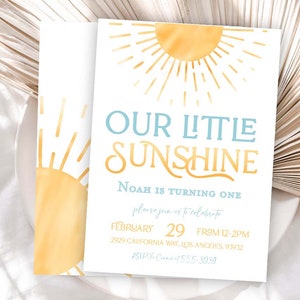 Editable Sunshine Birthday Invitation, Boy Blue Our Little Sunshine ...