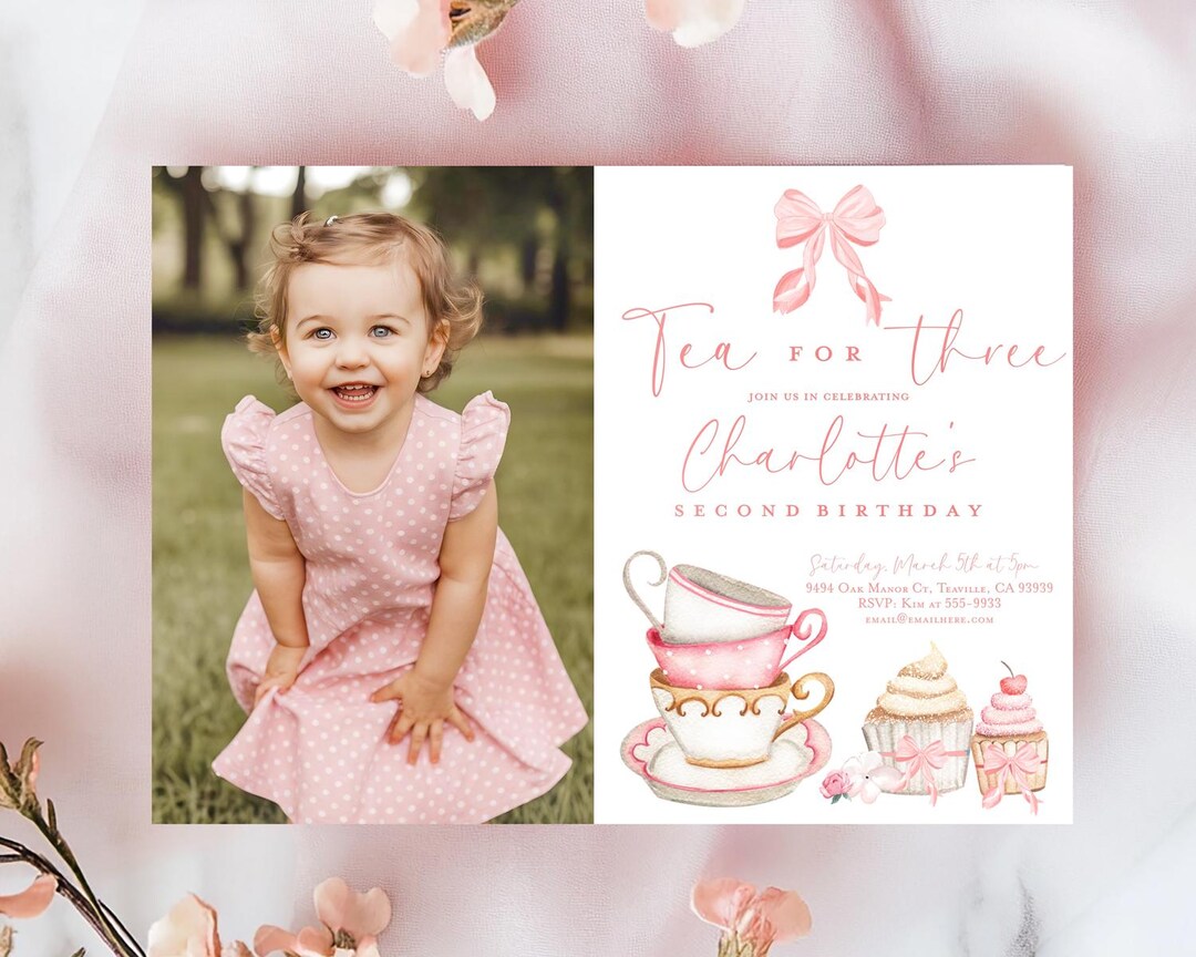 Tea for Three Birthday Party Invitation, Tea Party 3rd Birthday ...