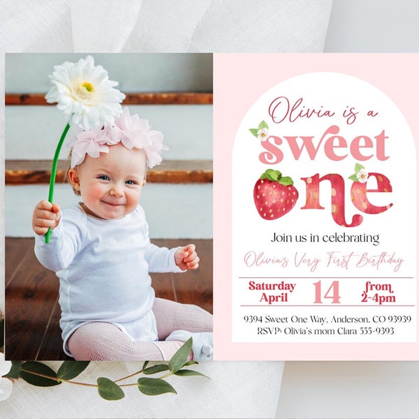 Strawberry First Birthday Invitation Sweet One First Birthday ...
