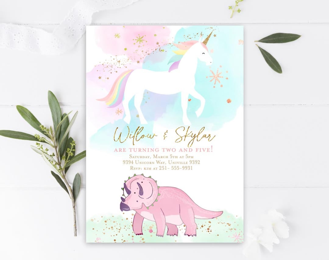 Unicorn Dinosaur Invitation, Unicorns and Dinosaurs Invitation Template ...