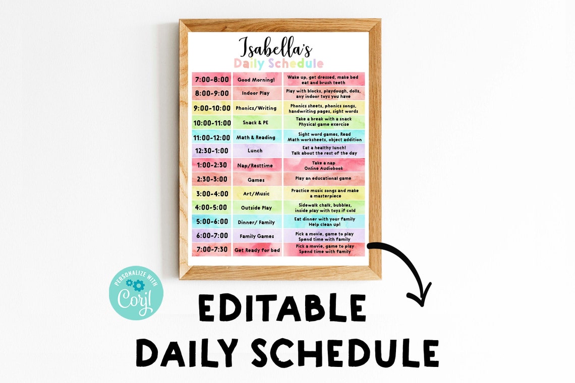 Kids School Schedule Printable Rainbow Schedule for Kids Daily Schedule ...