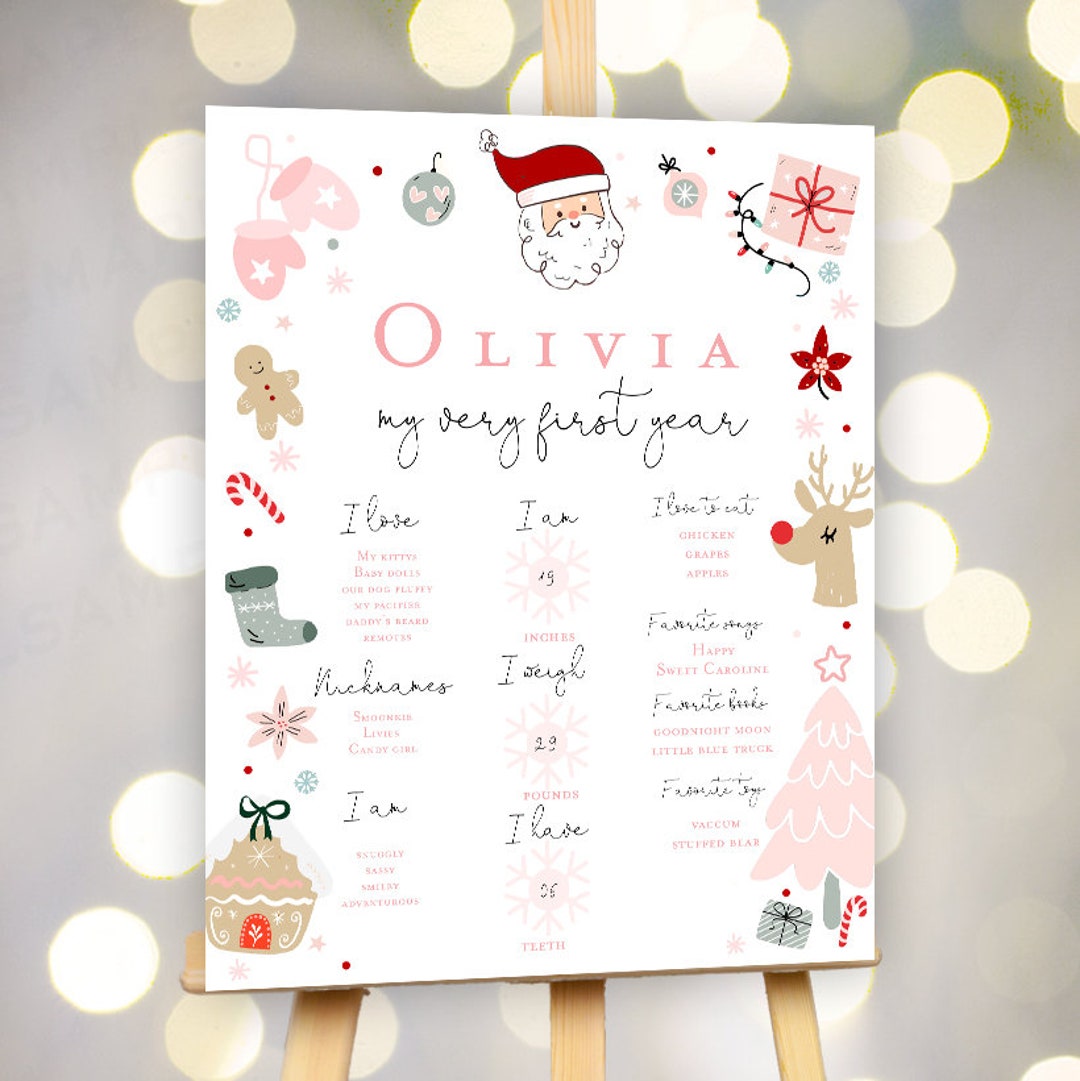 Christmas Birthday Party Milestone Poster, Pink Christmas Santa 1st ...