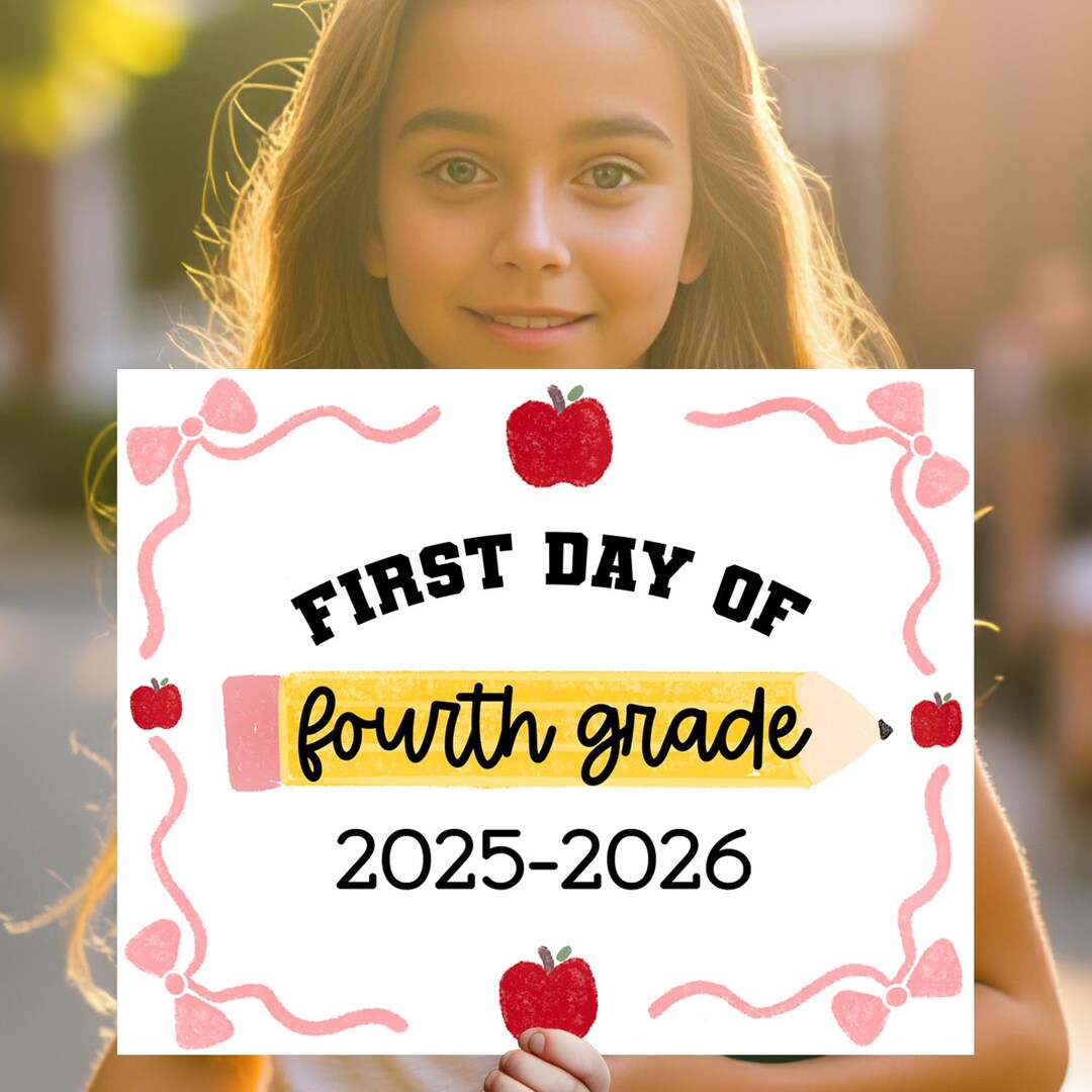 First Day of 4th Grade Sign Printable Fourth Grade Sign Pink Bows ...