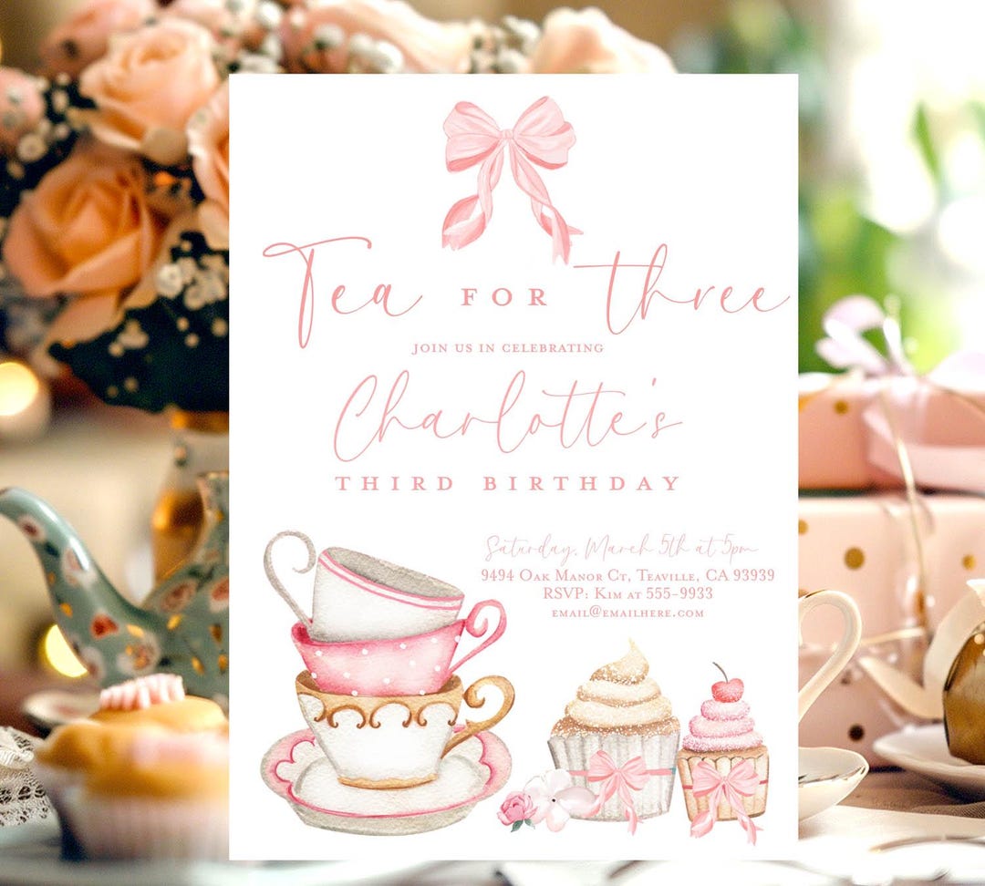 Tea for Three Birthday Party Invitation, Tea Party 3rd Birthday ...