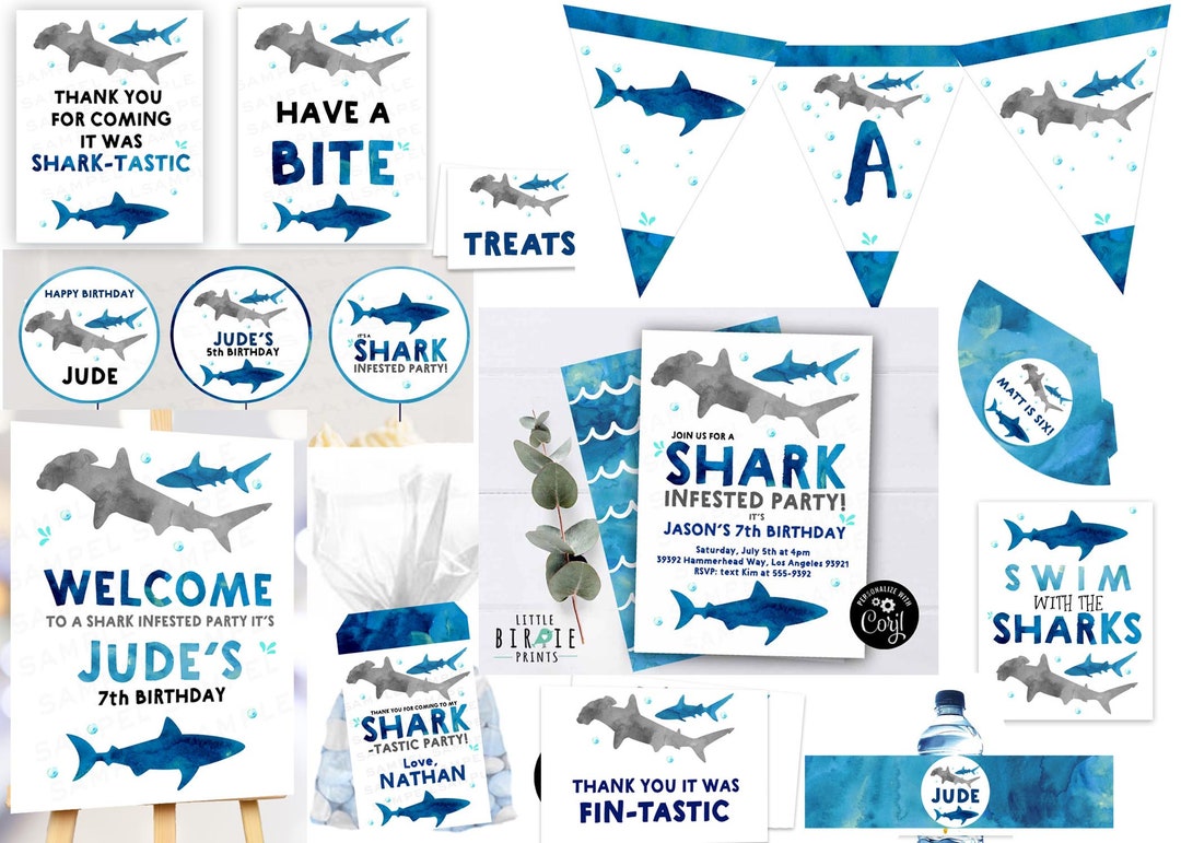 Shark Birthday Party Printables Pack Shark Invitation Shark Banner ...