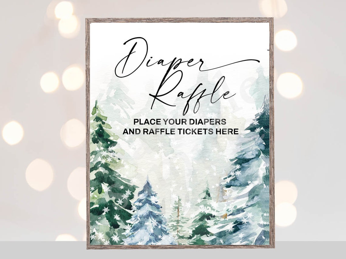 WINTER Baby Shower Game Diaper Raffle Sign Pine Trees Baby | Etsy