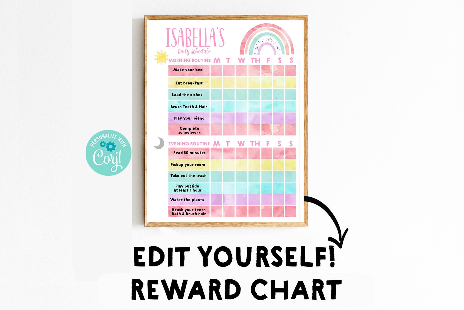Girl Morning Evening Routine Chart Editable Rainbow Chore | Etsy