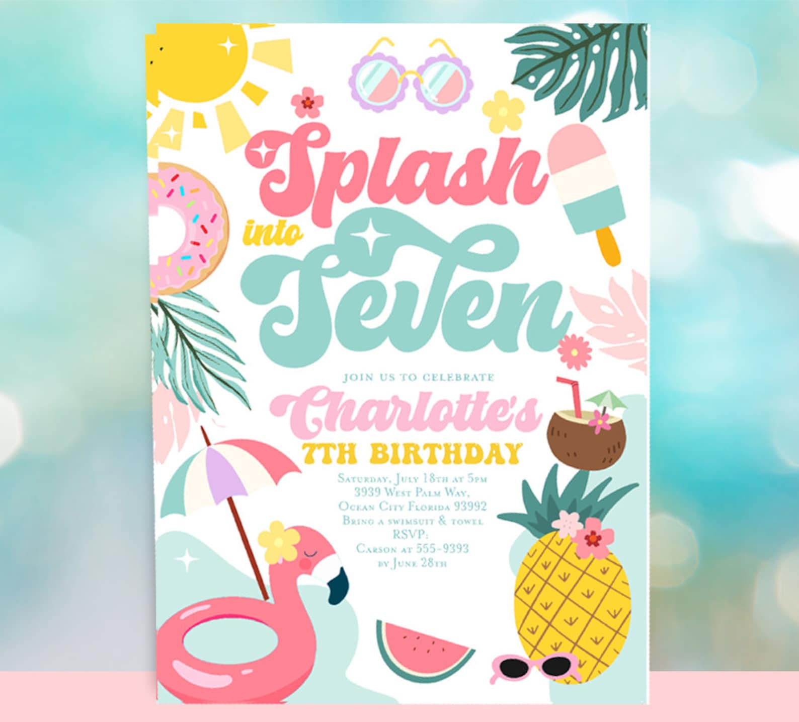Pool Party 7th Birthday Invitation, Splish Splash Seventh Birthday ...