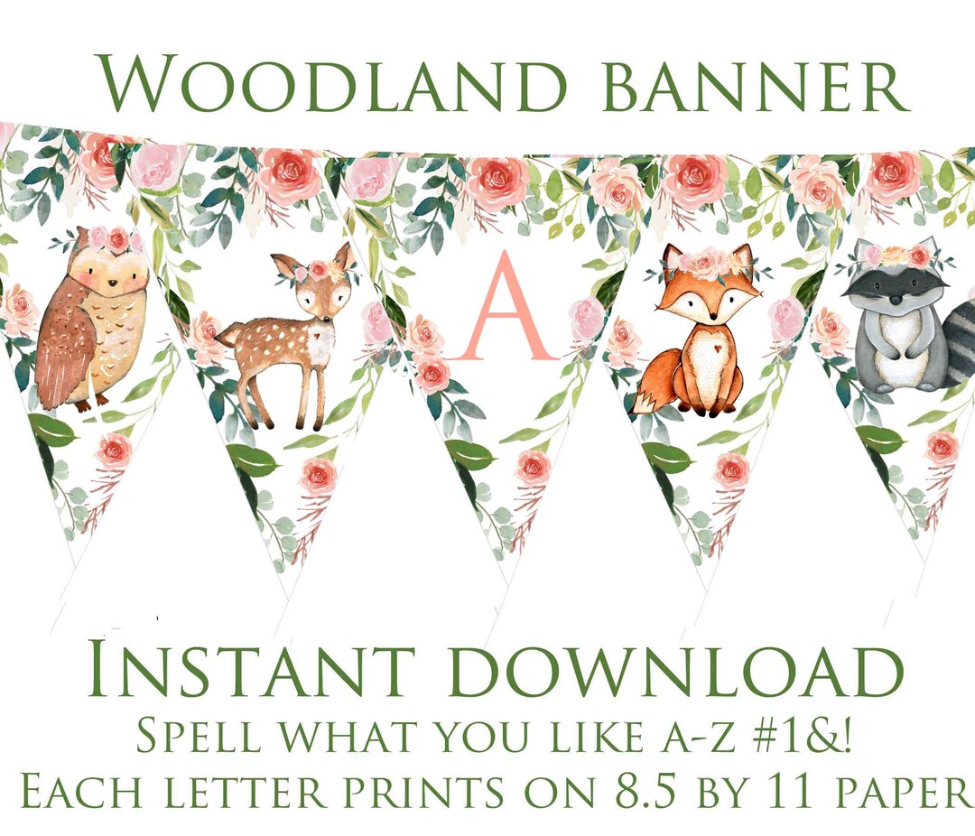 WOODLAND Baby Shower Decorations Bunting GIRL PINK Woodland Birthday ...