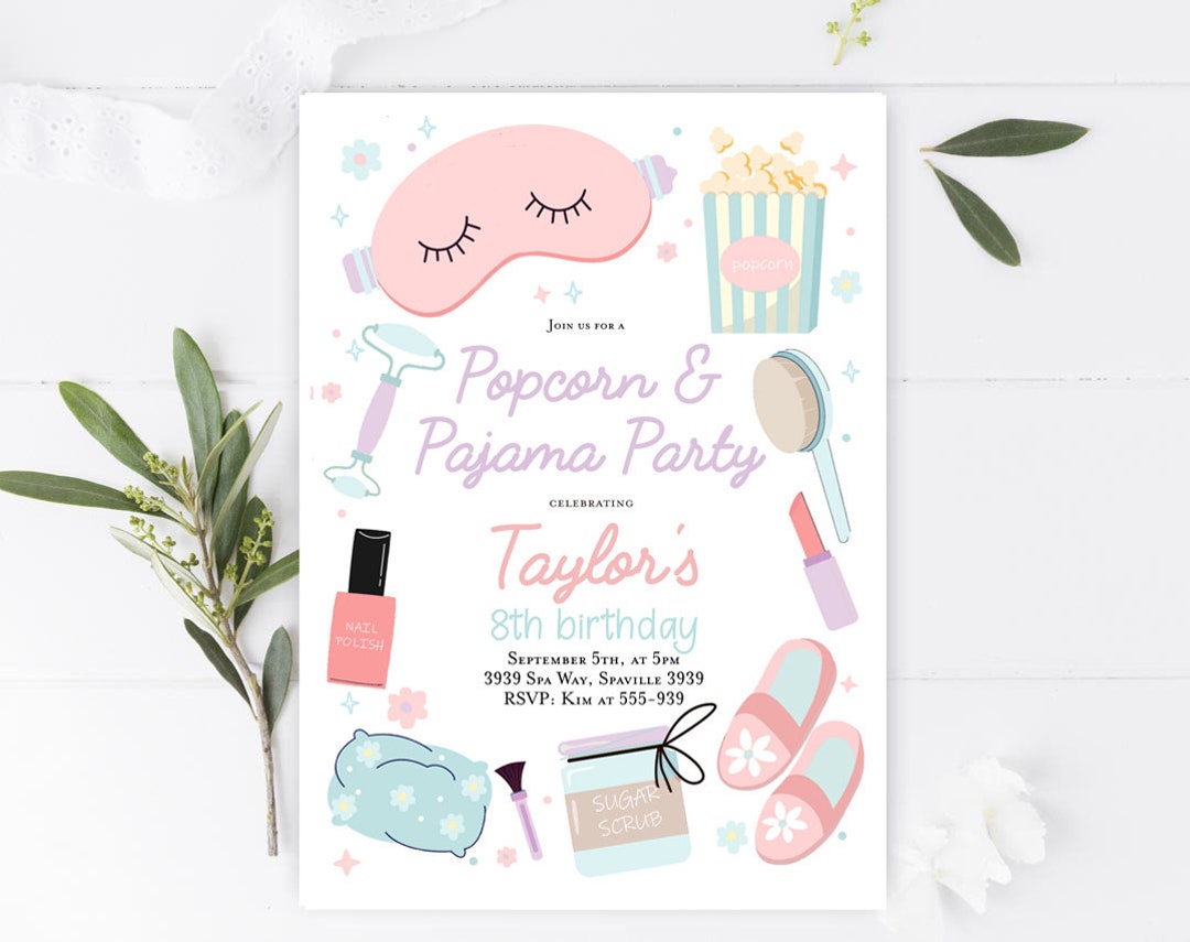 Popcorn and Pajamas Birthday Party Invitation, Spa Birthday Invitation ...