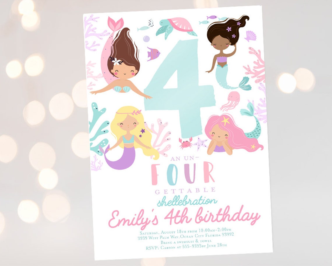 Editable Mermaid Birthday Invitation 4th Birthday Fourth Birthday Un ...