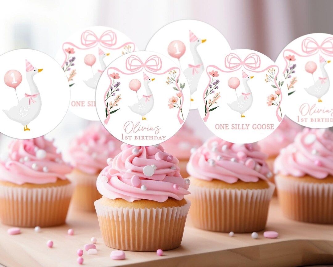 One Silly Goose Birthday Cupcake Toppers, Spring Wildflowers Pink Bow ...